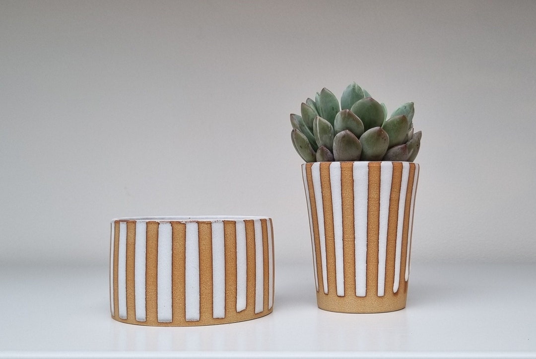 Duo of Mini Striped Raw Red Sandstone and Matte White Pots - Etsy