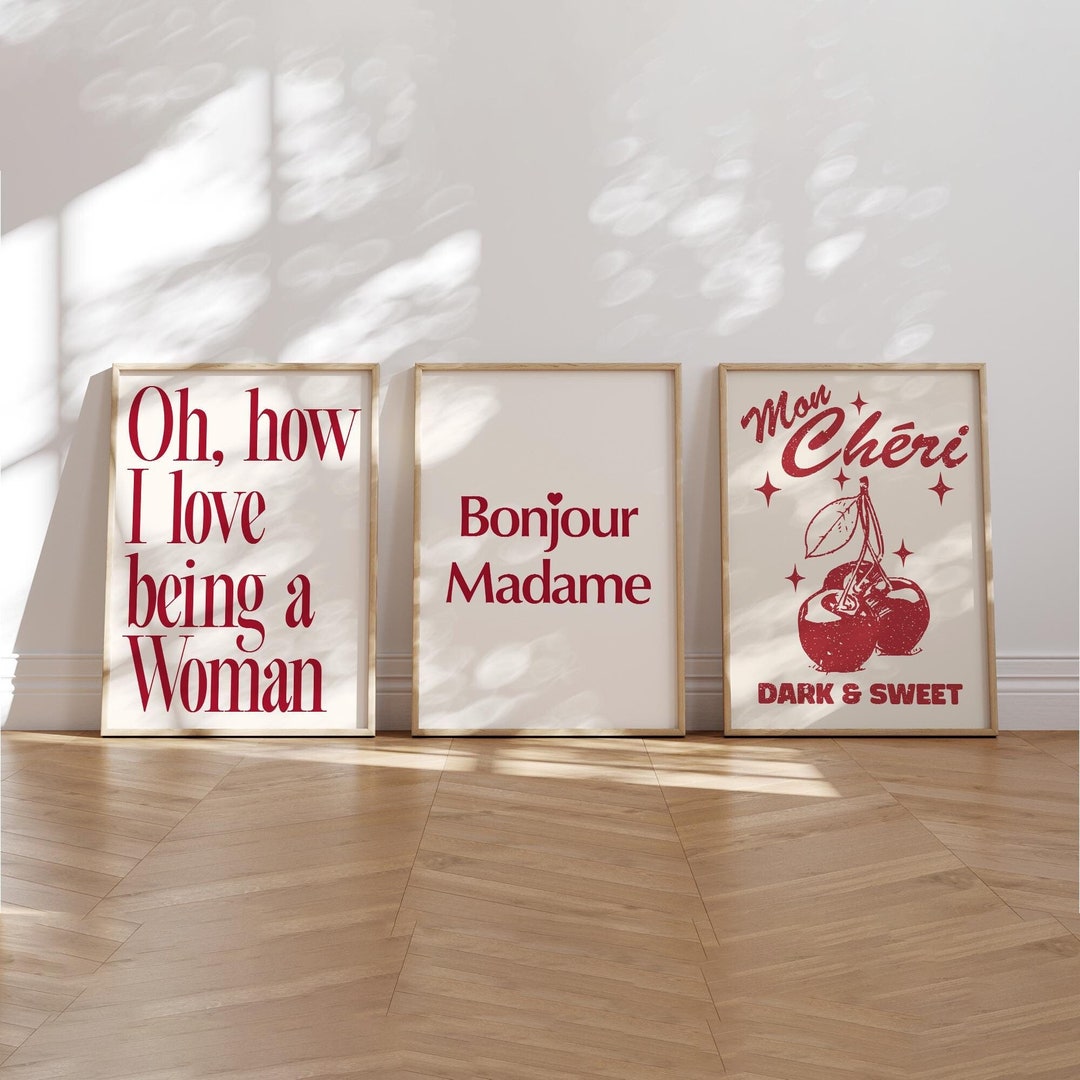 Cherry Print Set of 3 Trendy Aesthetic Red Wall Art, Preppy Poster ...