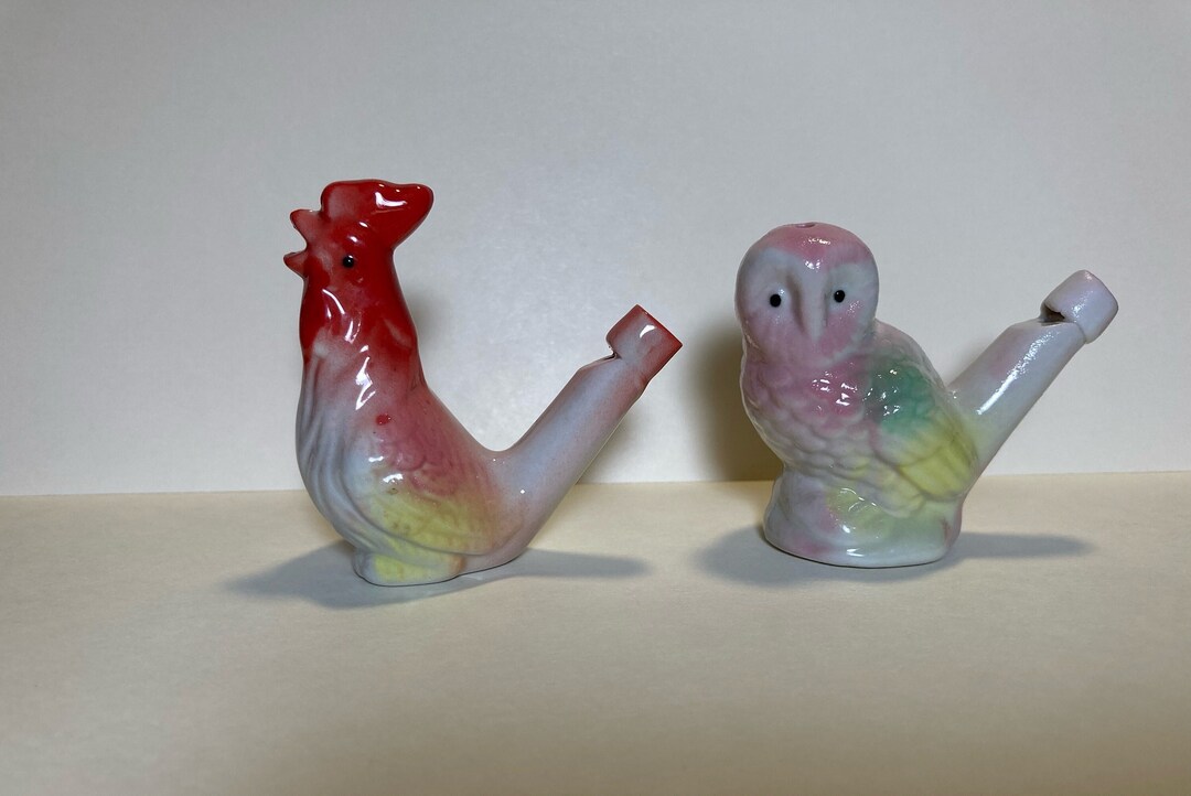 2 Vintage Porcelain Water Whistles Owl & Rooster They Chirp and Tweet ...