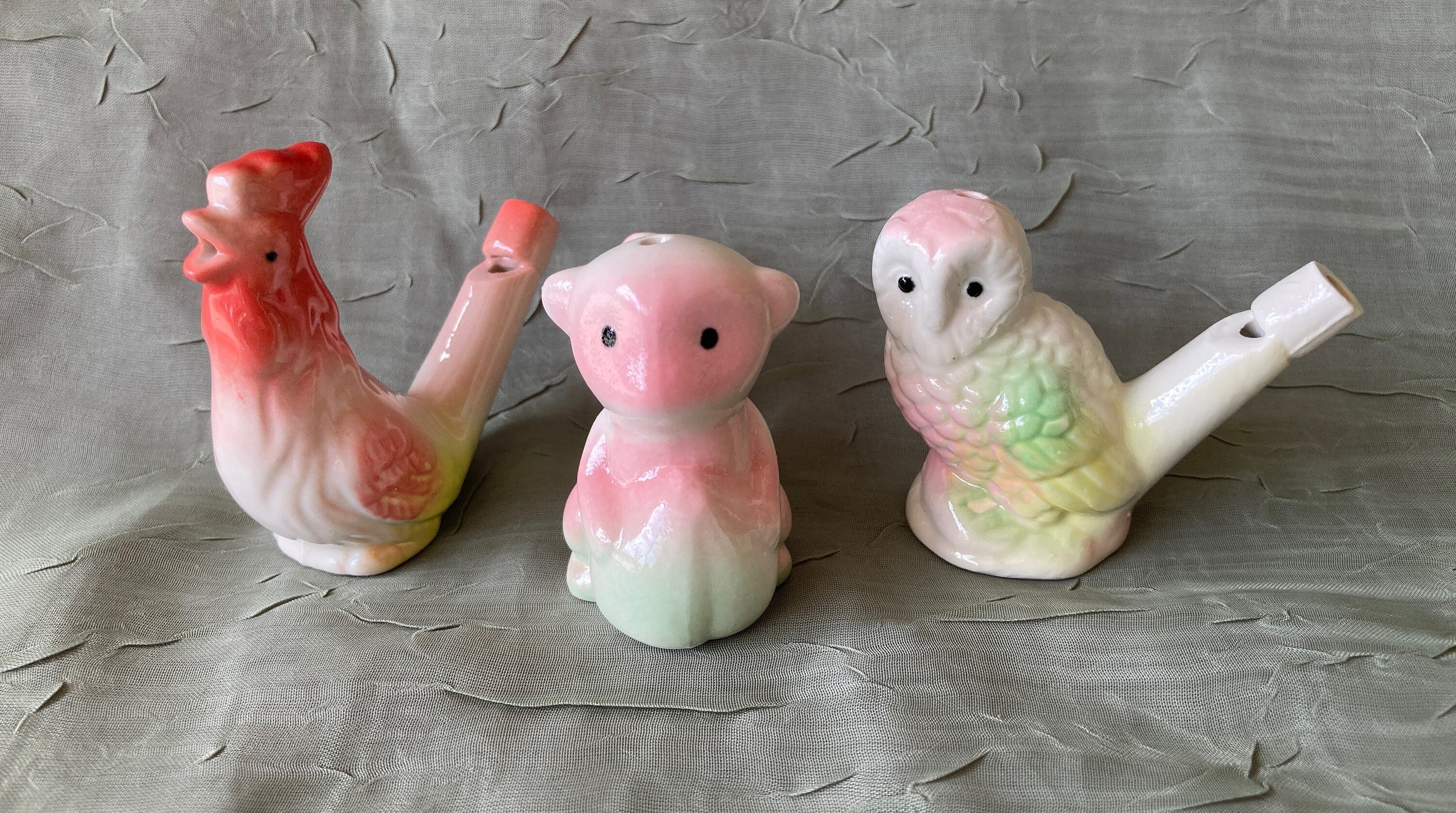 3 Vintage Porcelain Water Whistles Owl, Rooster & Monkey They Chirp and ...