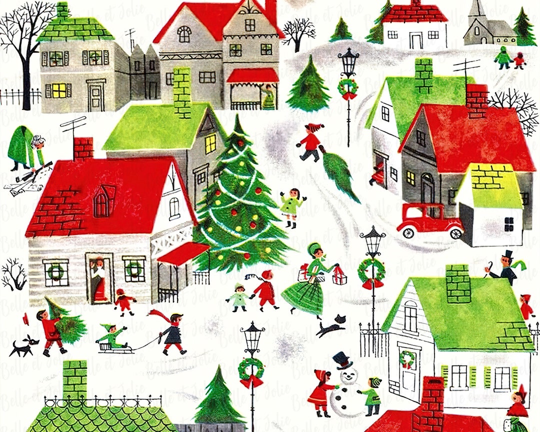 14x20 Retro Christmas Art, Vintage Winter Art, Vintage Christmas Card ...