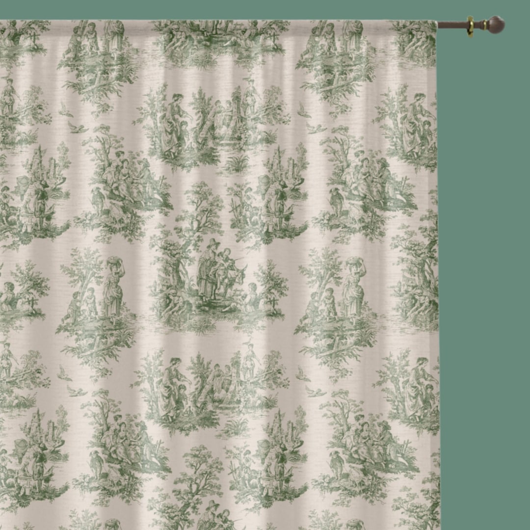 Green Toile Curtain Farmhouse Kitchen Vintage Print French Country ...