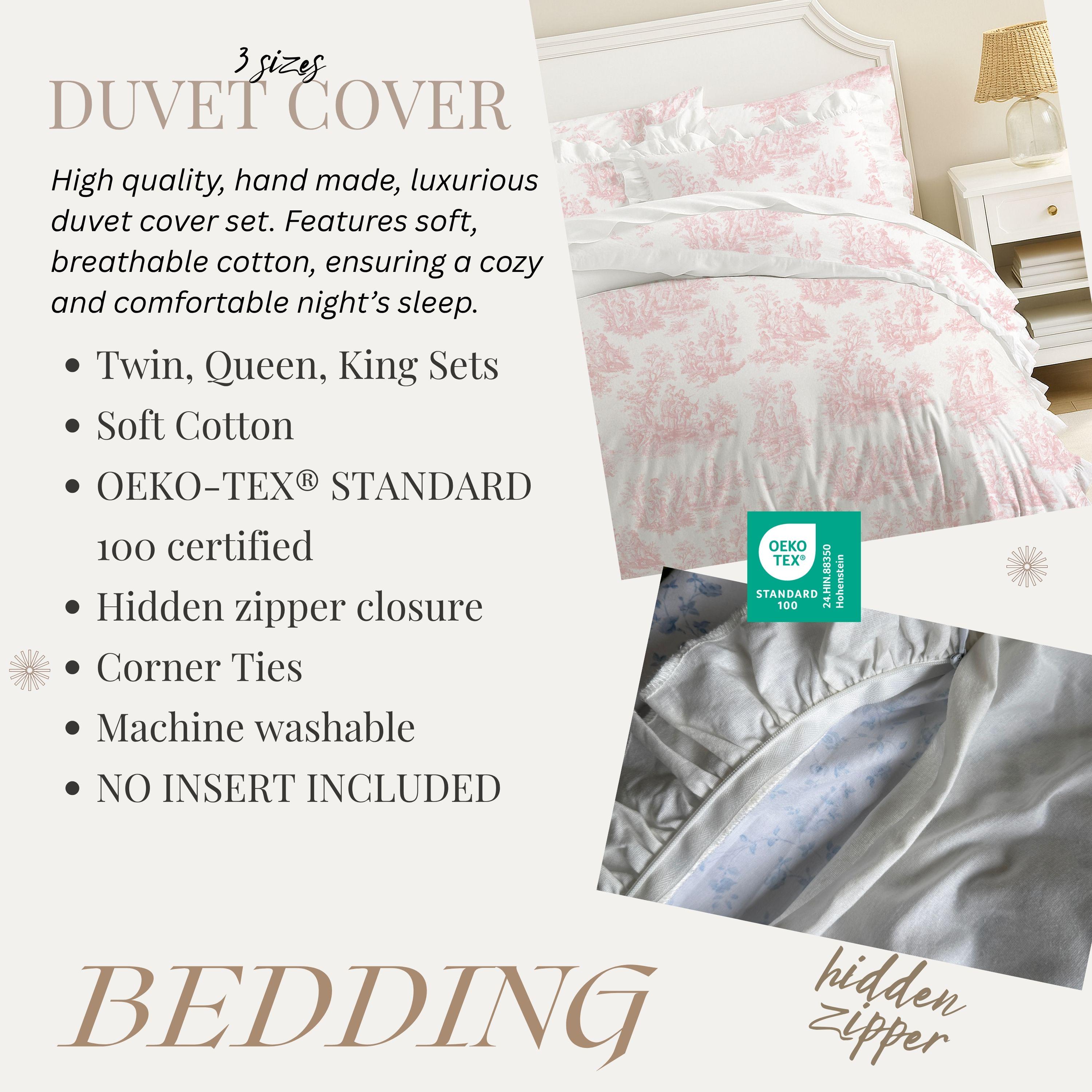Pink Toile Ruffle Cotton Bedding Set Gift for Teen Girl Granddaughter ...