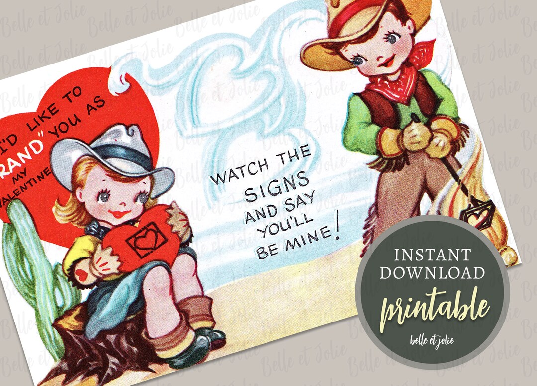 Retro Cowboy Valentine, Vintage Cowgirl Valentine, Printable Vintage ...