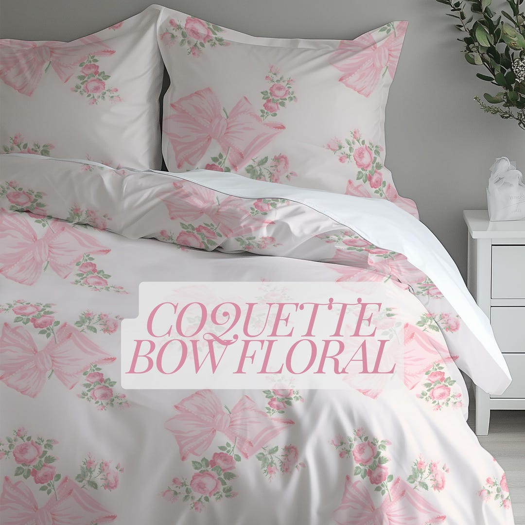 Pink Floral Bow Bedding Set Duvet Cover Shams Bed Comforter Cottagecore ...