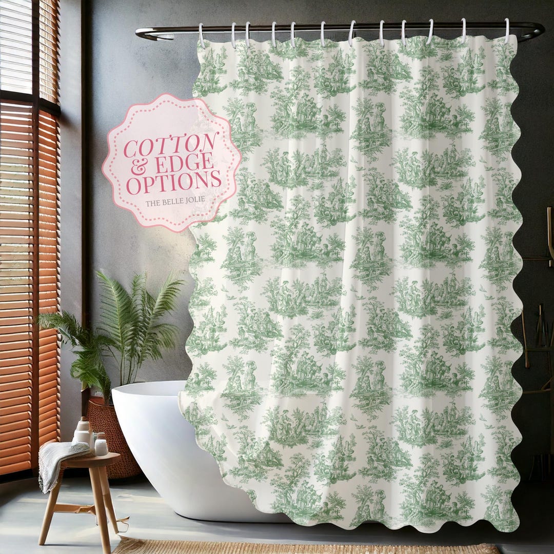 Green French Toile Shower Curtain Farmhouse Bathroom Vintage ...