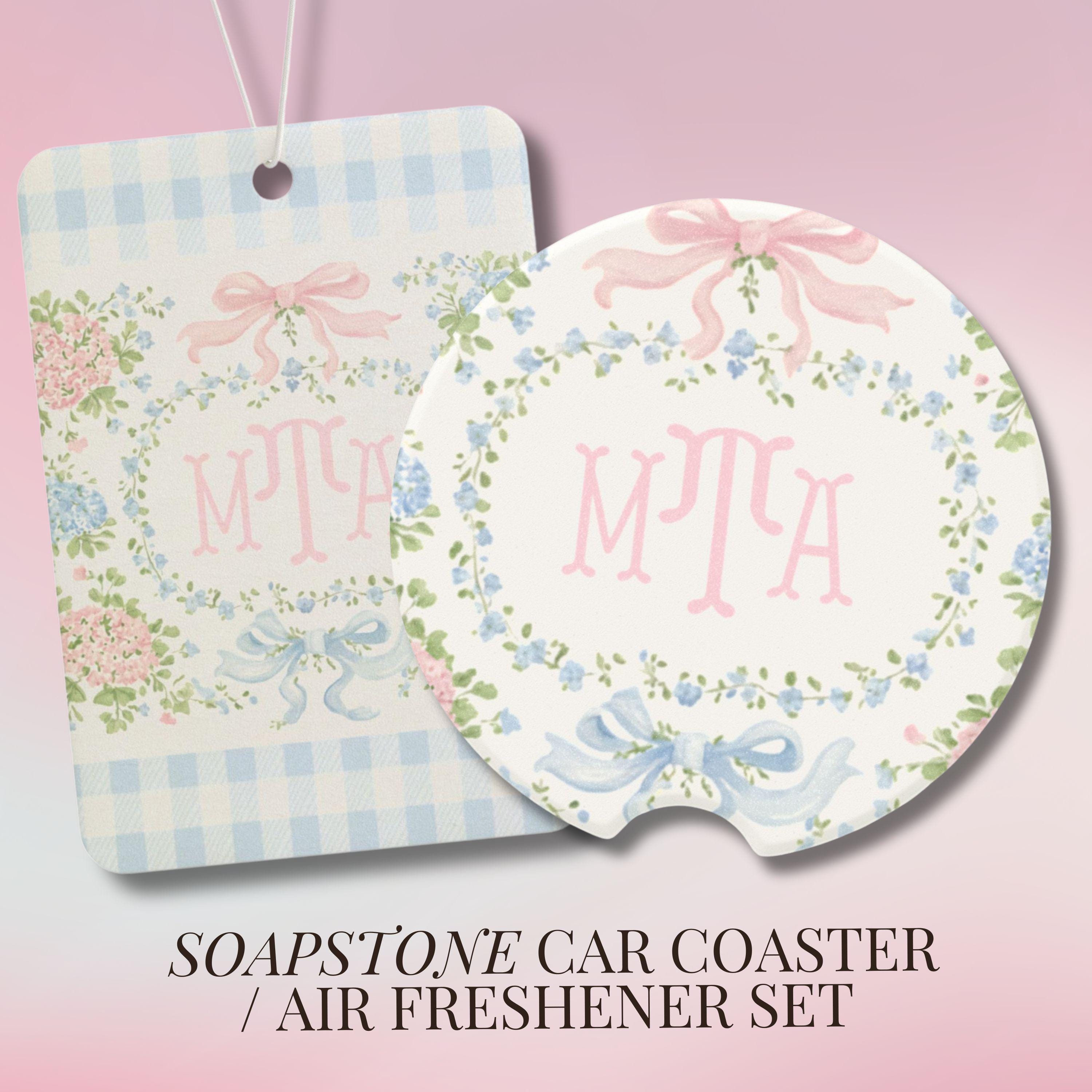 Monogrammed Car Coaster and Air Freshener Set Floral Coquette ...