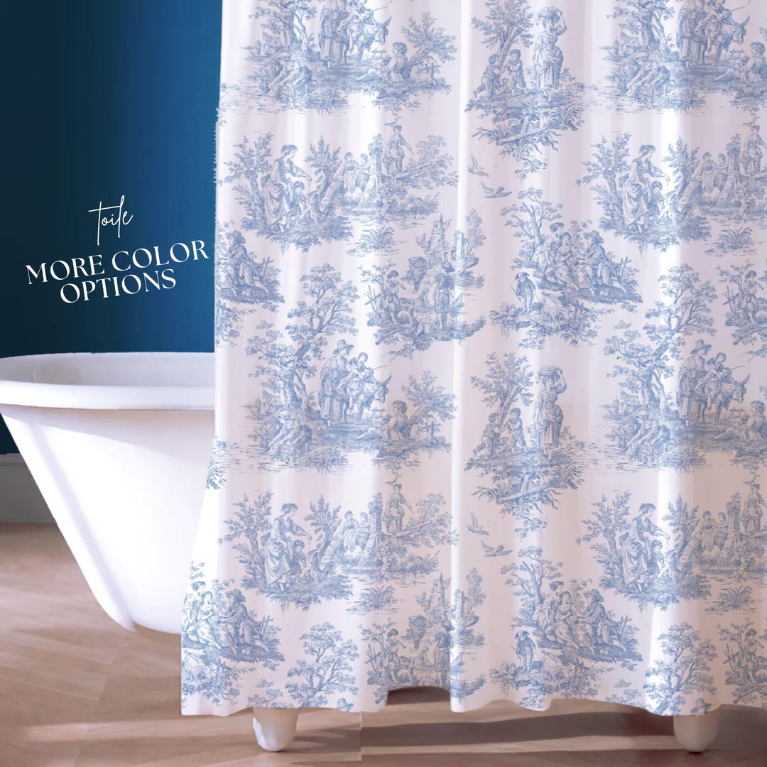 Blue French Toile Shower Curtain Farmhouse Bathroom Vintage Print ...