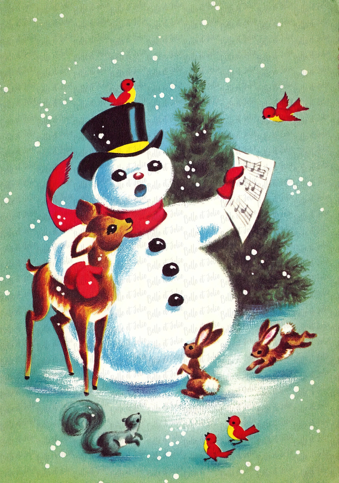 12x17 Retro Christmas Print, Snowman Reindeer Digital Art Poster ...