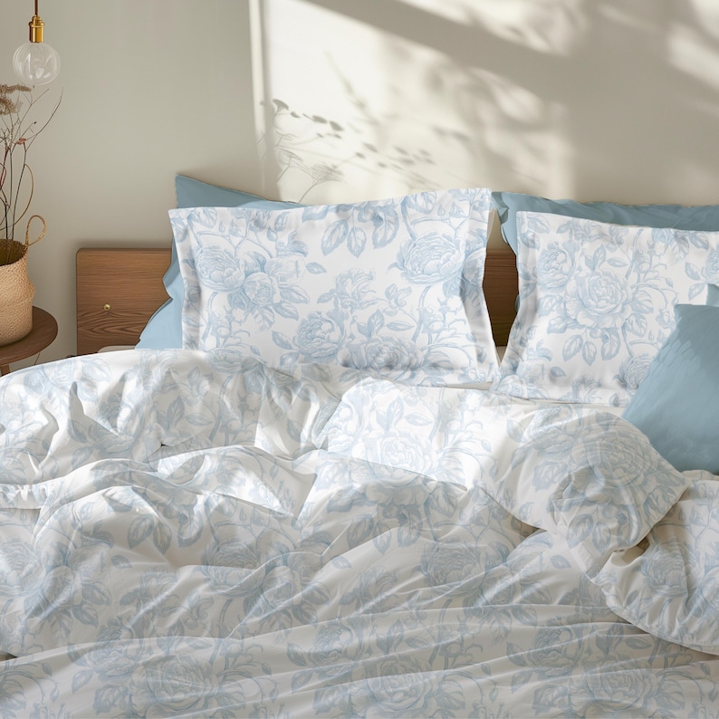 Powder Blue Toile Duvet Cover Floral French Country Bedding Set Bed ...