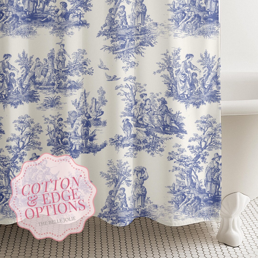 Blue French Toile Shower Curtain Farmhouse Bathroom Vintage Print ...