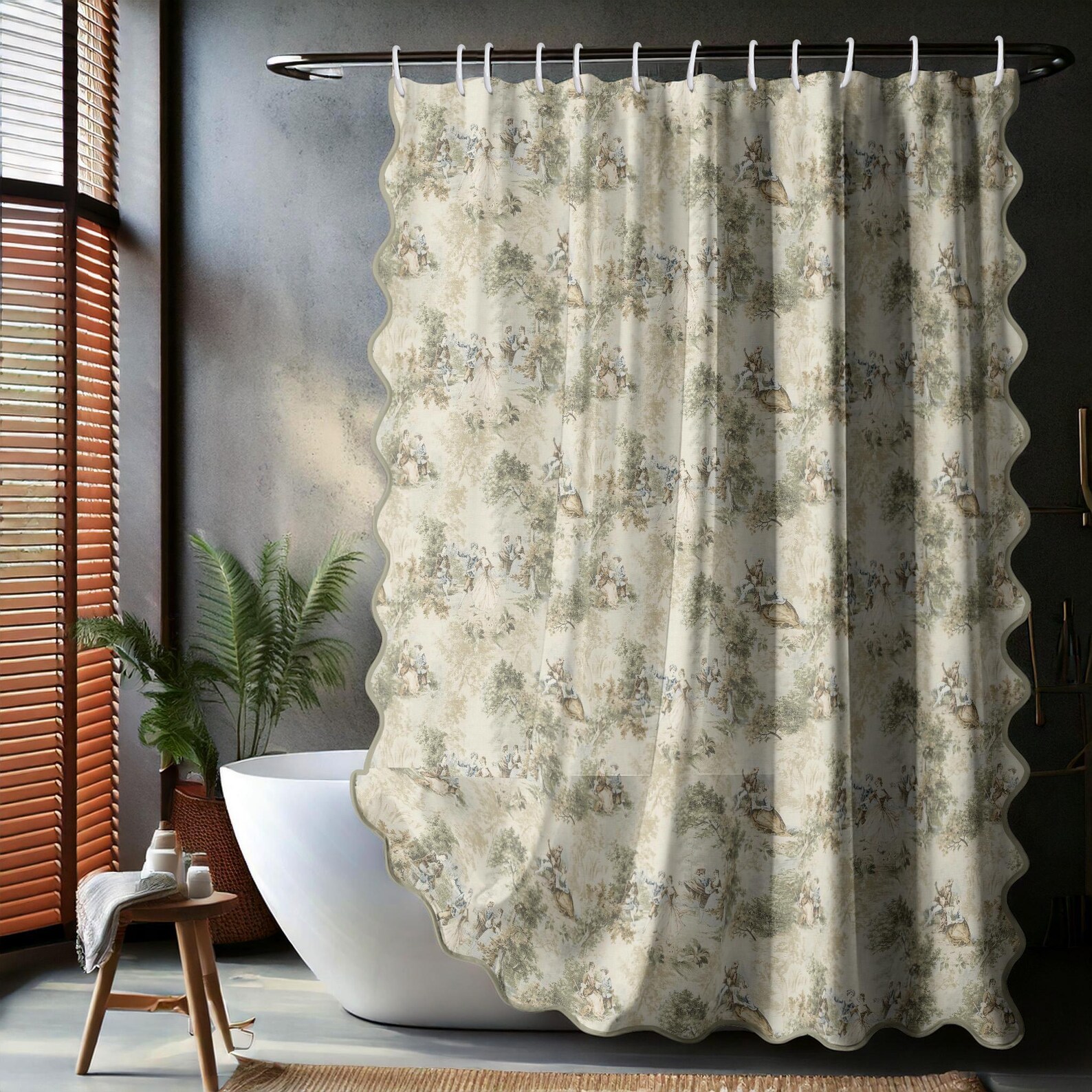 Cotton French Country Shower Curtain Set Toile De Jouy Farmhouse Floral ...