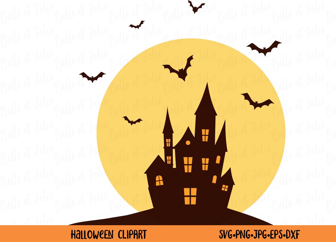 Halloween Clipart, Haunted House Moon Flying Bats Graphic, Halloween ...