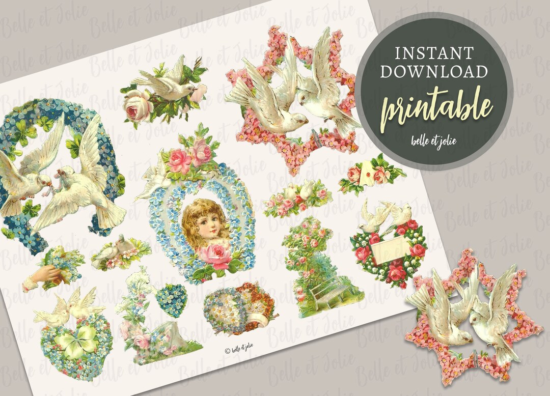 White Doves Clipart PNG, Junk Journal Ephemera, Victorian Doves, Floral ...