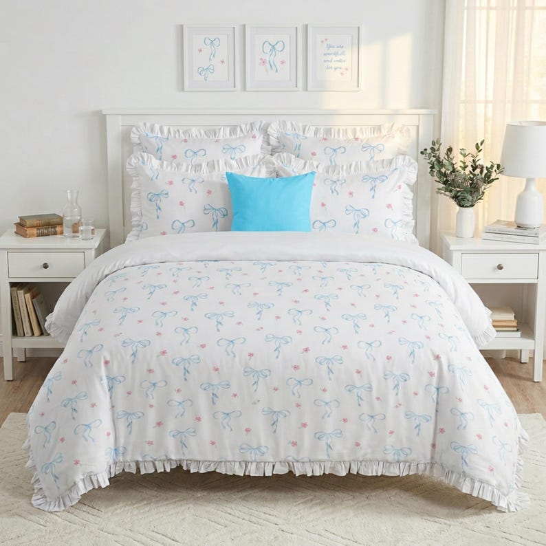 Blue Bow Duvet Cover or Comforter Set Coquette Bedding Soft Girl ...