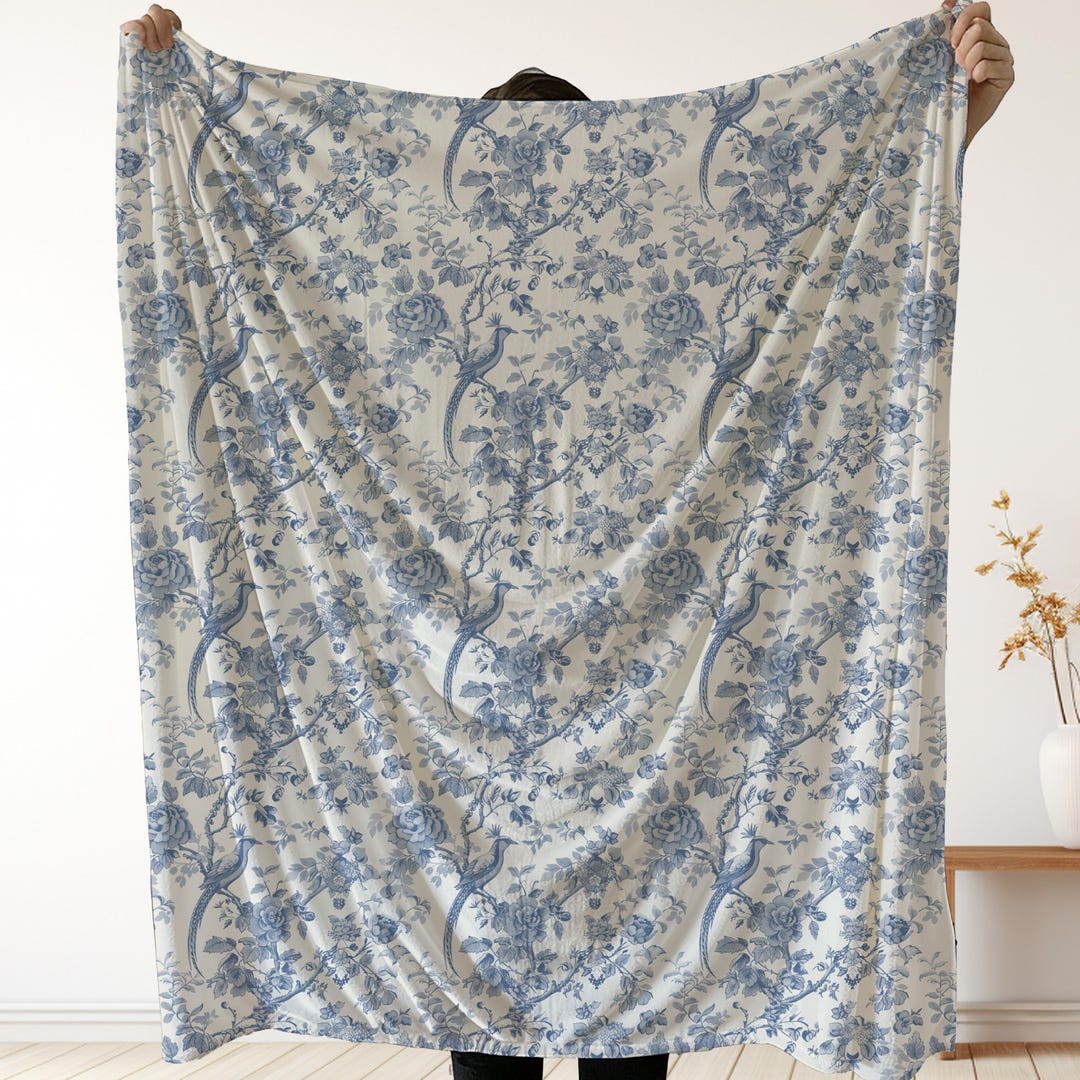 Blue French Toile De Jouy Blanket Fleece Sherpa Throw Cozy Home Decor ...