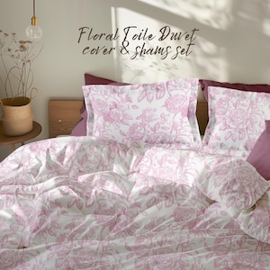 Pink Toile Duvet Cover Floral French Country Bedding Set Cute Bed ...