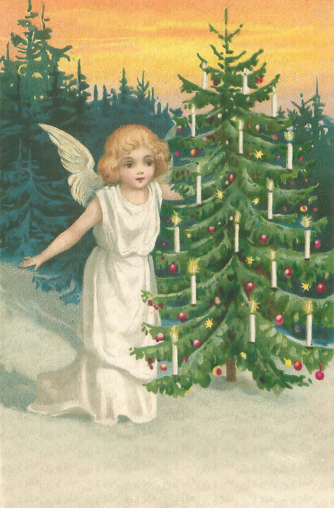11.5x17.5 Girl Angel Christmas Tree Woods, Vintage Christmas Digital ...