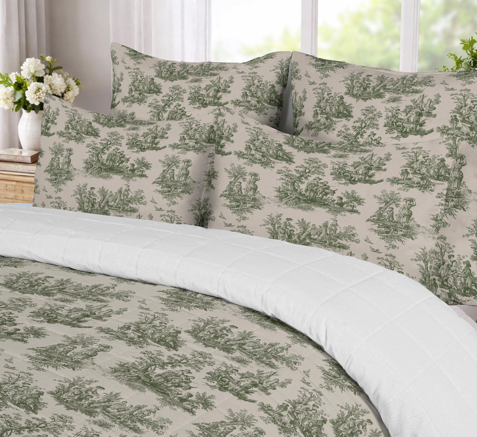 French Toile Duvet Cover Vintage Green Bedding Set French Country Decor ...
