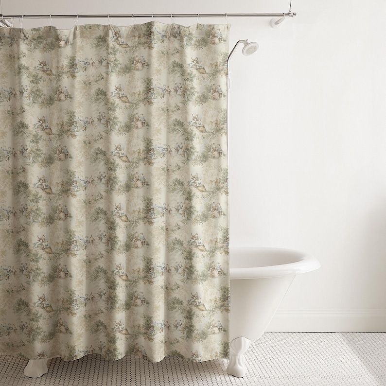 Cotton French Country Shower Curtain Set Toile De Jouy Farmhouse Floral ...