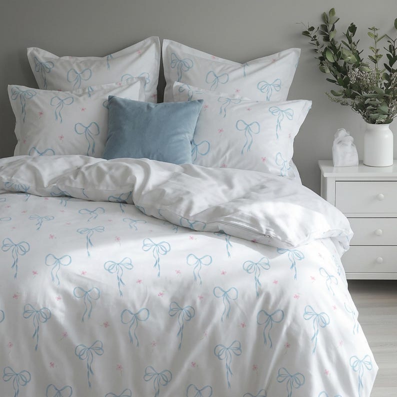 Blue Bow Duvet Cover or Comforter Set Coquette Bedding Soft Girl ...