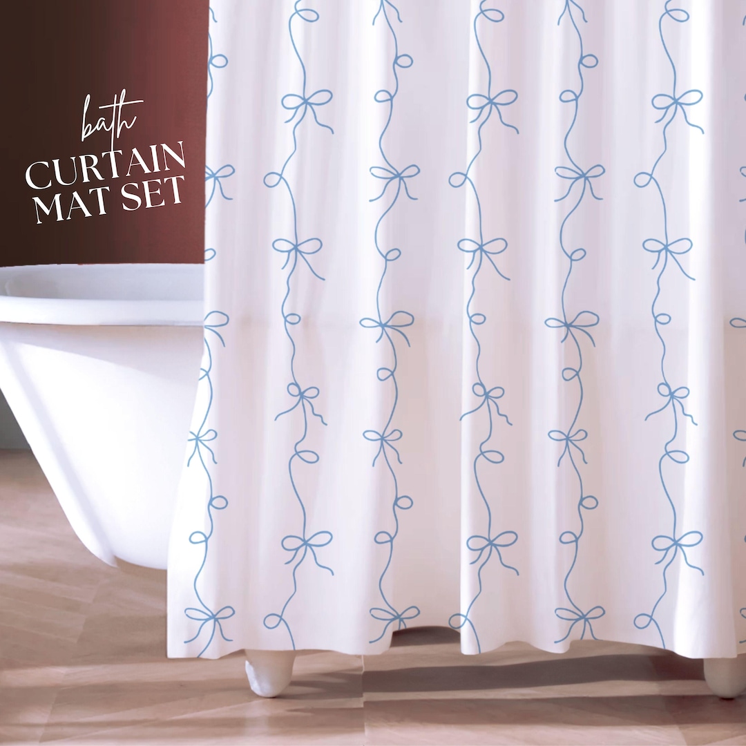 Bow Shower Curtain Blue Girly Shower Curtain Preppy Bathroom Decor ...