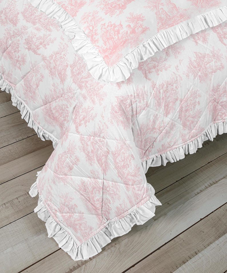 Pink Toile Ruffle Cotton Bedding Set Gift for Teen Girl Granddaughter ...