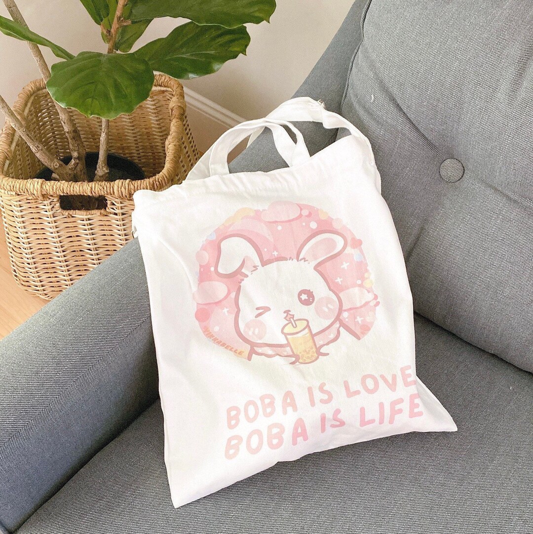 Bunny Boba Milk Reusable Canvas Tote Bag, Zipper Tote Bag, Gift for Her ...