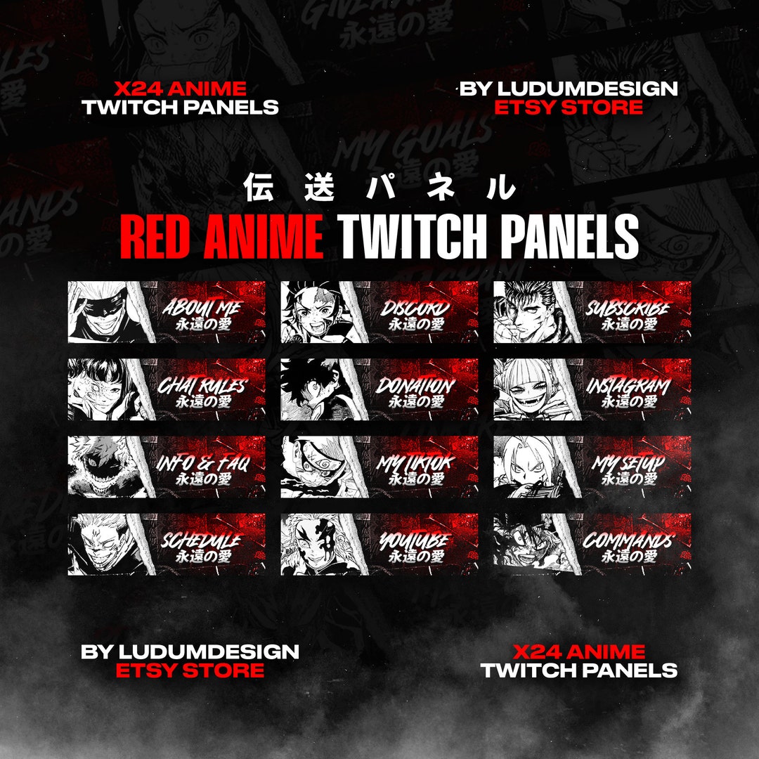 Rote Anime Twitch Panels x24 / Dark Anime Twitch Pack / Stream Panels ...