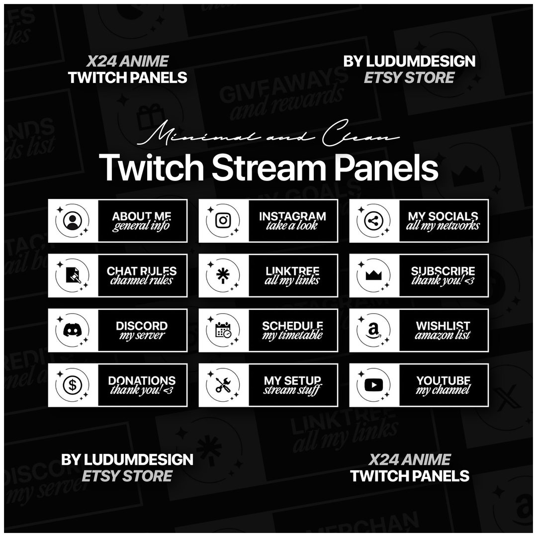 Aesthetic Twitch Panels (x24), Minimal Stream Panels Pack, Clean Black ...
