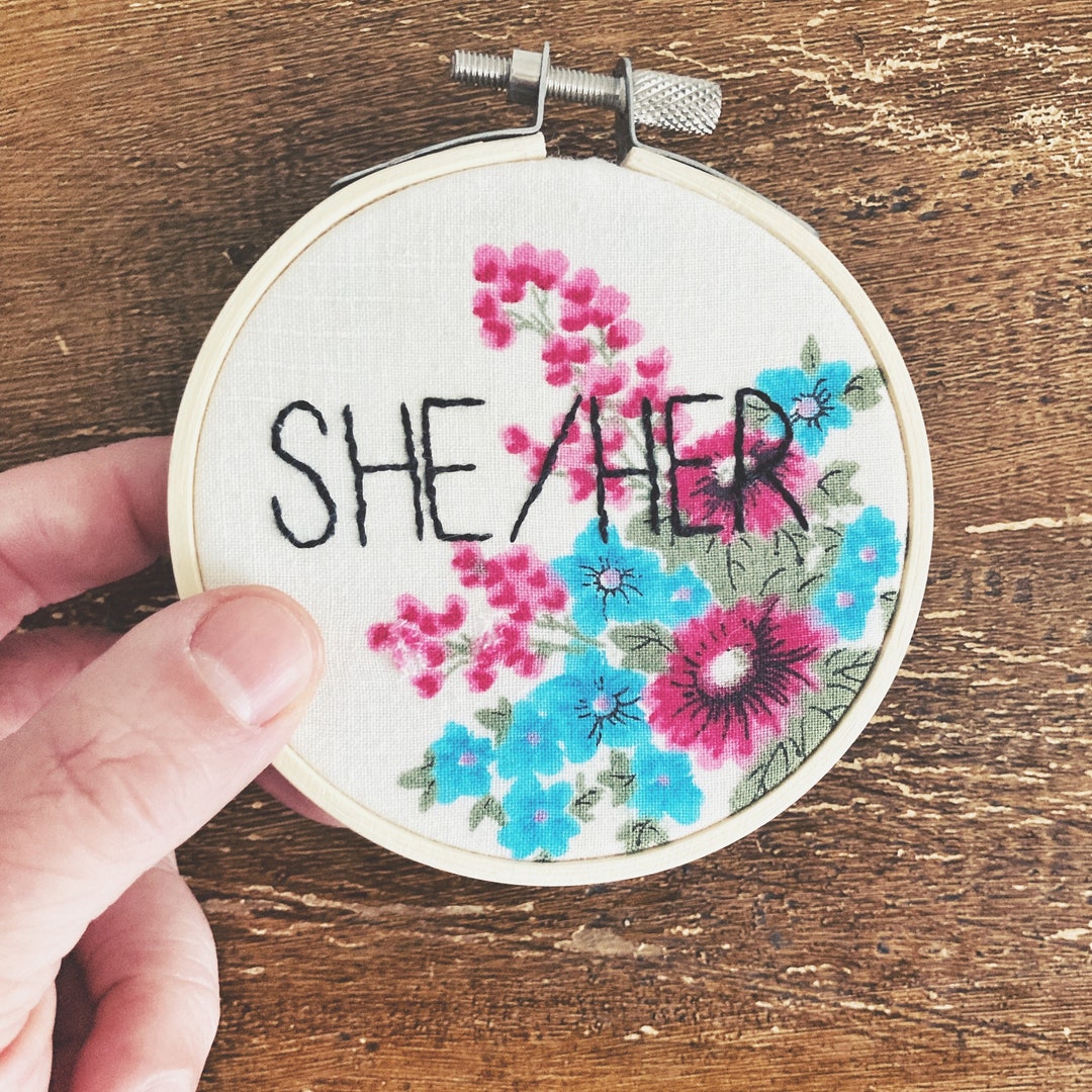 Trans Rights Art - Pronouns Embroidery - She/her Wall Decor - Hand ...