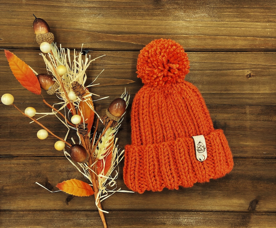 Chunky Knit Pom Pom Hat: Rust Orange Winter Beanie - Etsy