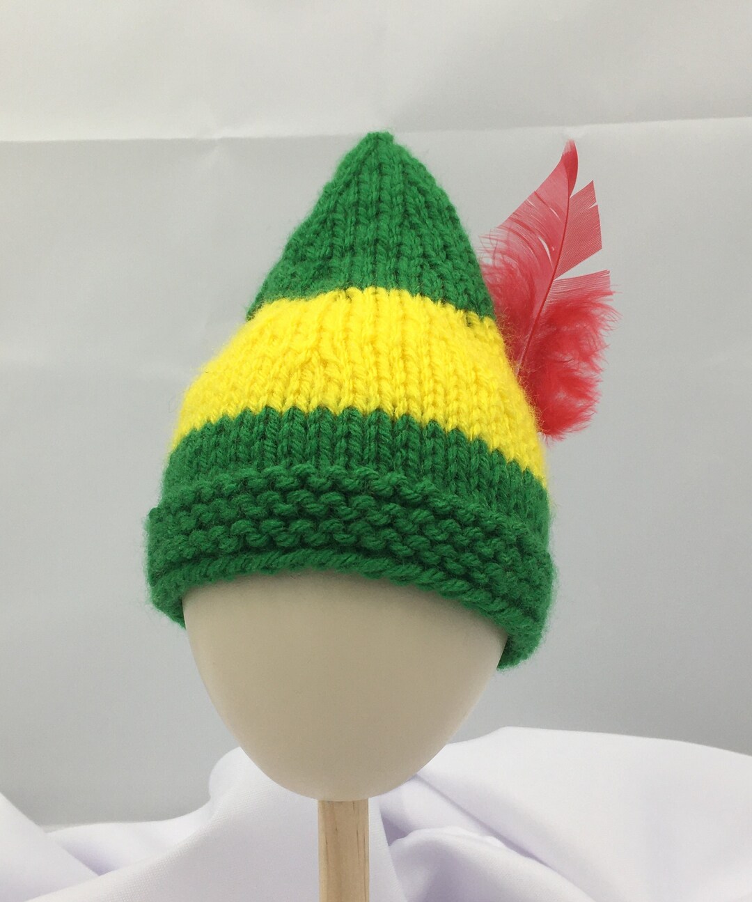 Buddy the Elf Hat: Holiday Green, Yellow, Red Knit Cap With Feather - Etsy