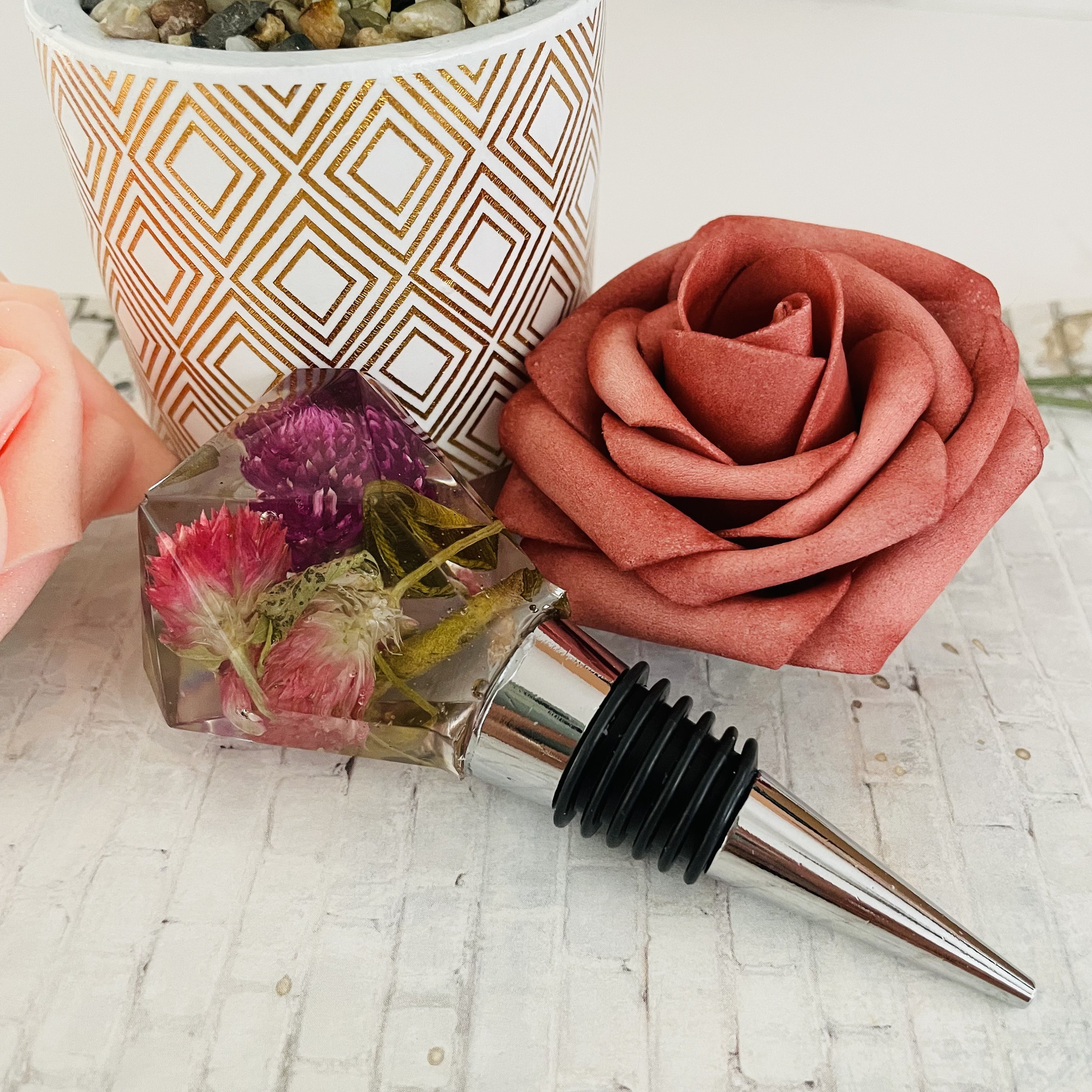 Handmade Floral Resin Wine Stopper: Pink Flower Kitchen Decor ...