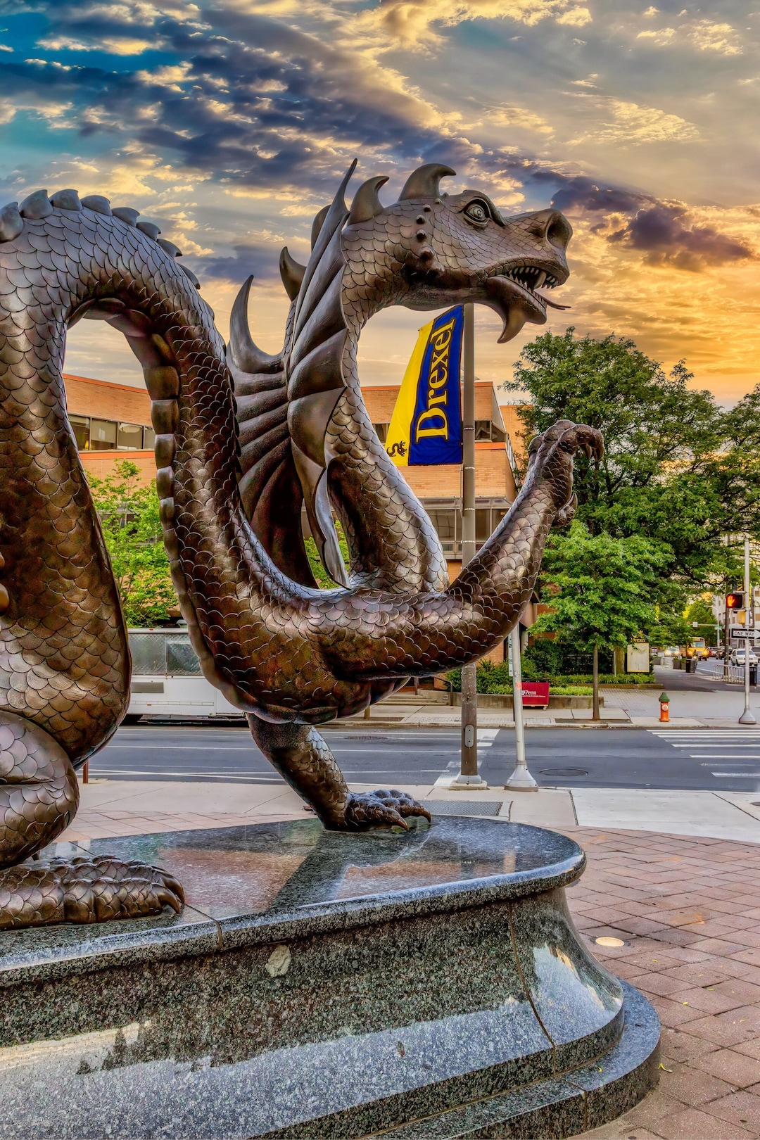 Drexel Dragon Statue, Philadelphia Campus Artwork, Sunrise Landscape ...