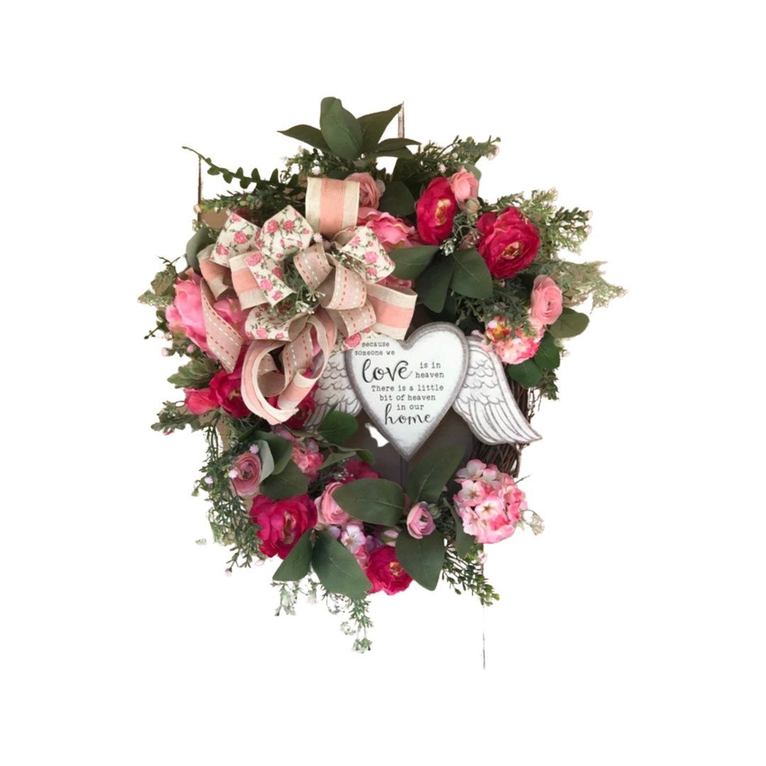 Home Décor Funeral Wreath Gift for Her Angel Wings Grieving Pink Angel ...
