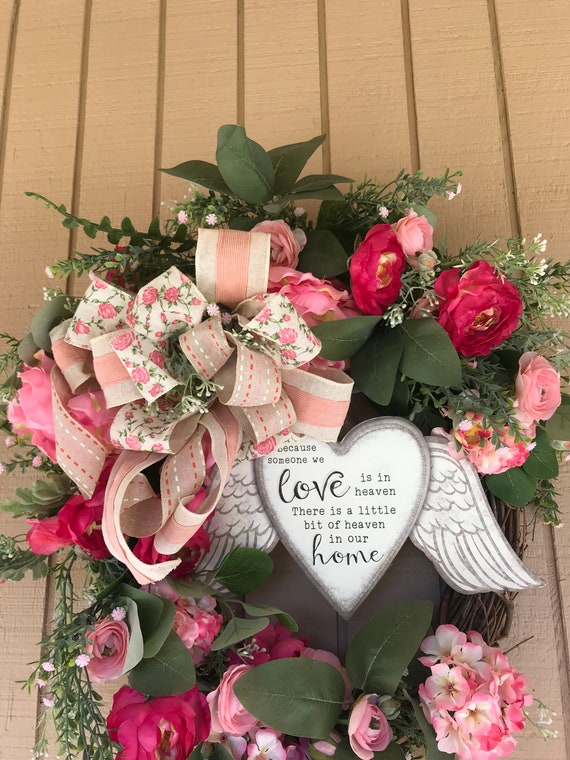 Home Décor Funeral Wreath Gift for Her Angel Wings Grieving Pink Angel ...