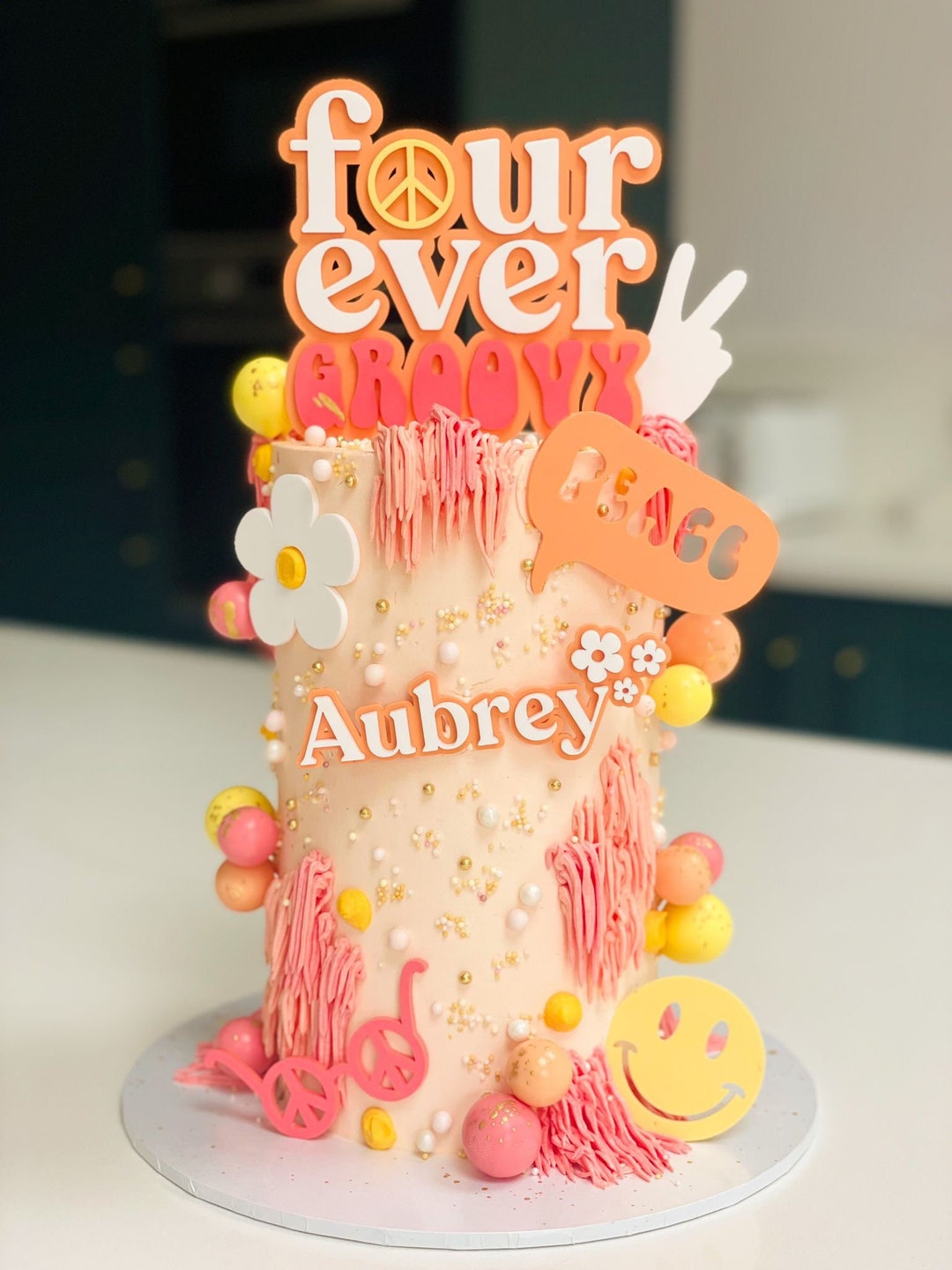 Four Ever Groovy Cake Topper Set Personalised Acrylic Hippy Cake Topper ...
