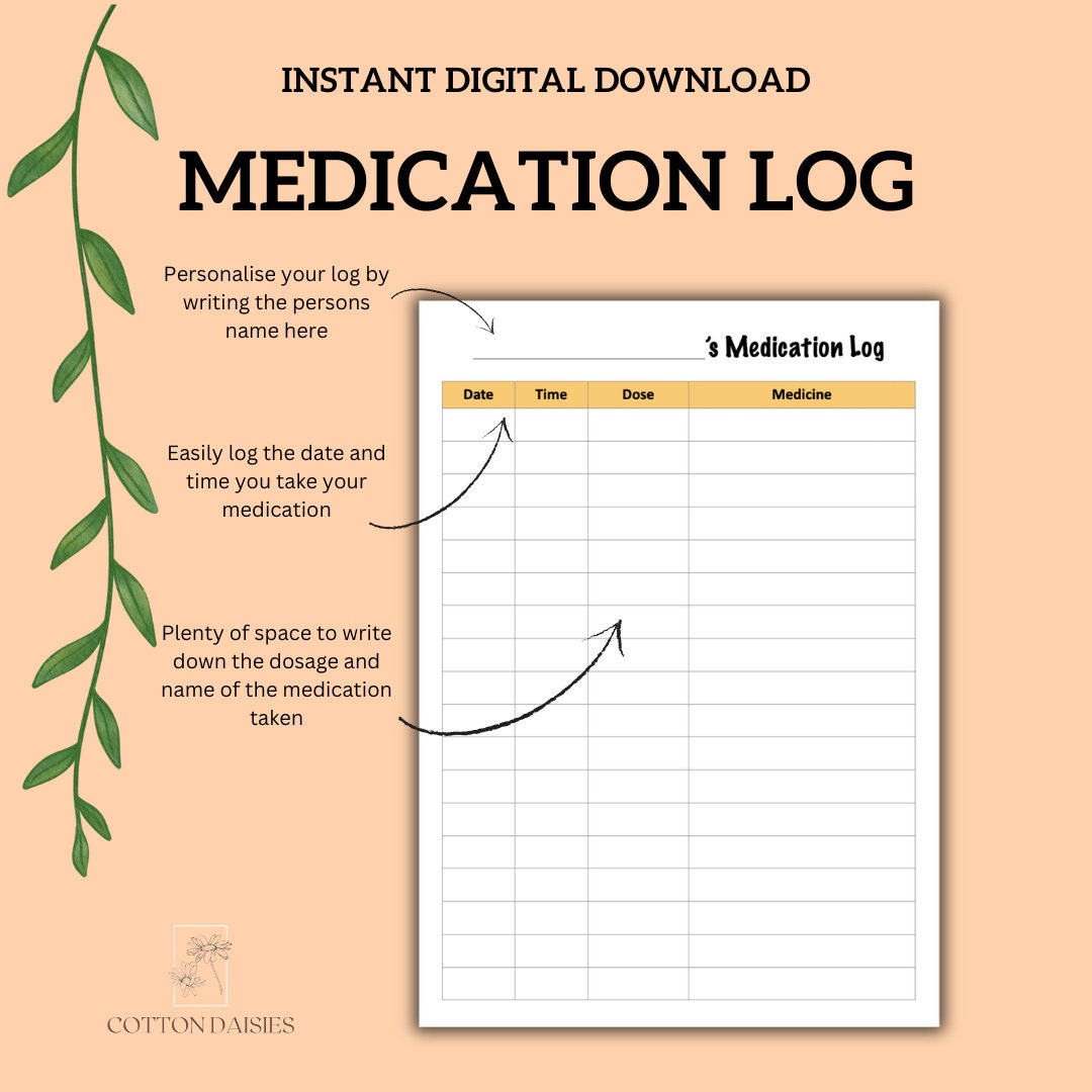 Printable Medication Log, Medicine & Supplement Tracker (digital ...