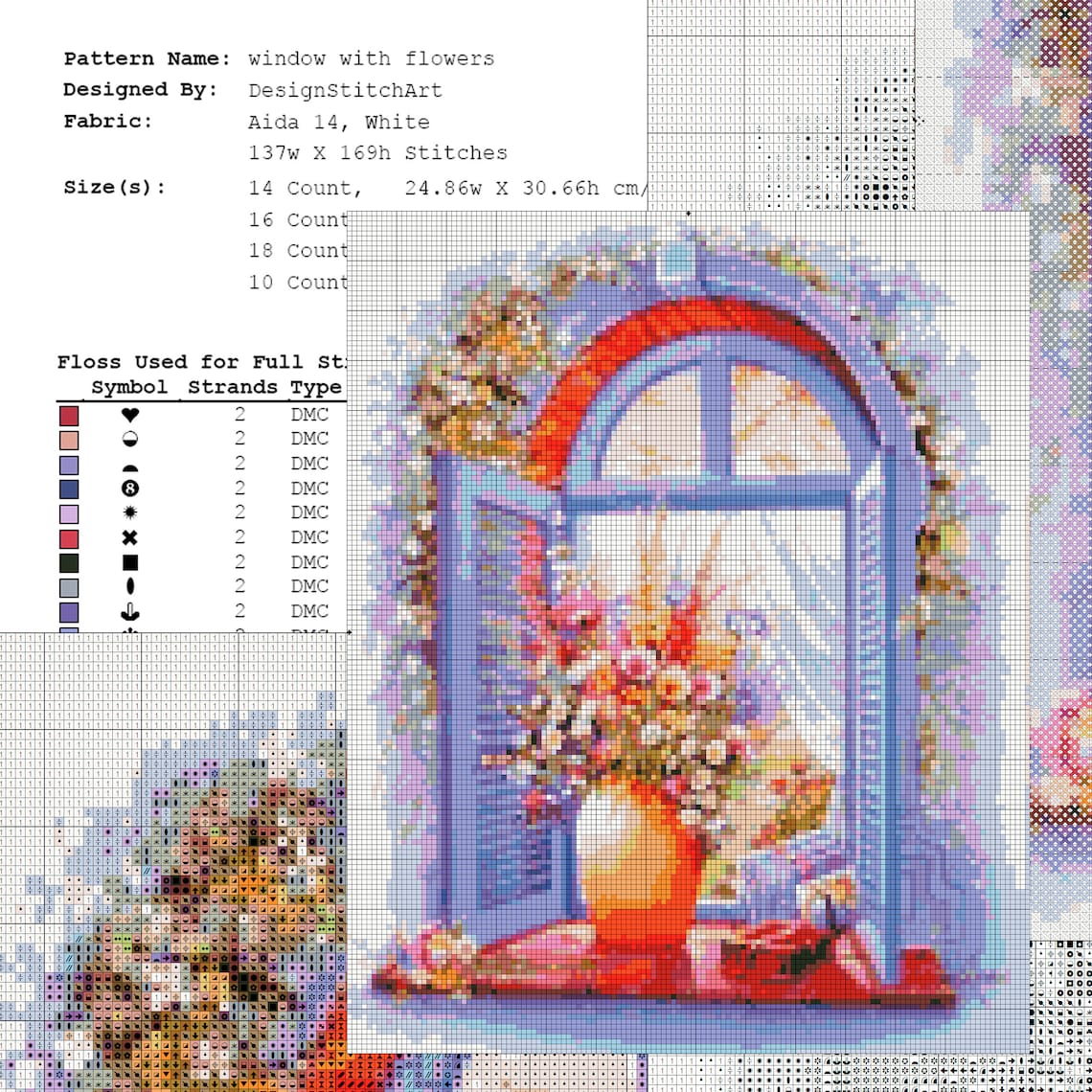 Cross Stitch Pattern "open Window With Flowers" DMC Cross Stitch Chart ...
