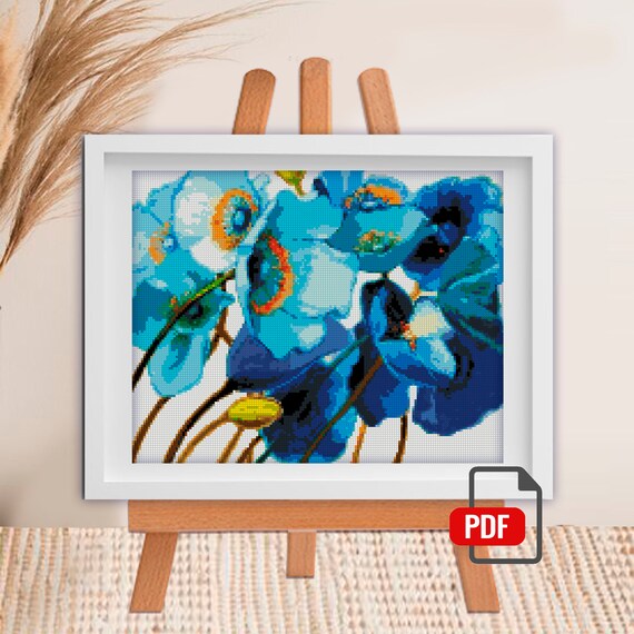 Cross Stitch Pattern blue Poppies Anemone Flowers | Etsy