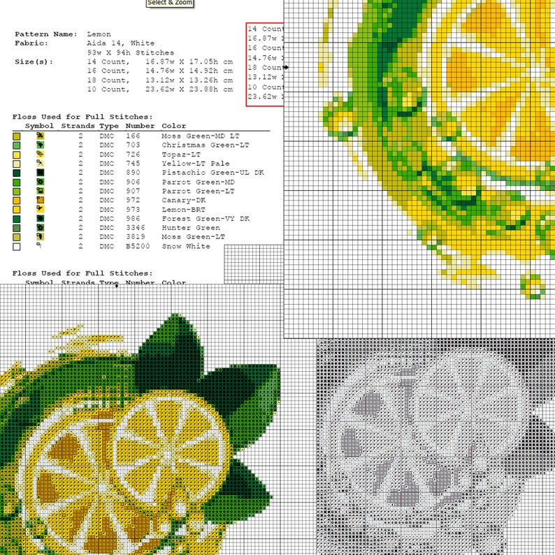 Cross Stitch Pattern "lemon and Cherries " DMC Cross Stitch Chart Needlepoint Pattern Embroidery ...
