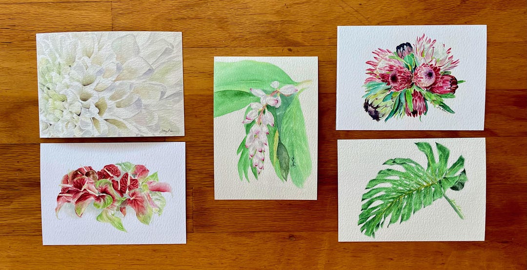 Hawaii Watercolor Note Cards: Botanical Bouquets & Leaves - Set of 5 - Etsy