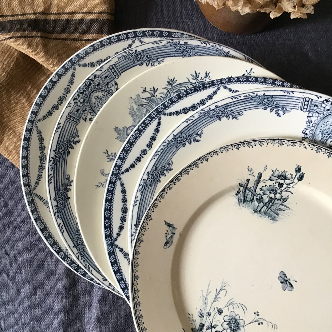 6 viejos platos planos de loza de hierro no coincidentes con ...