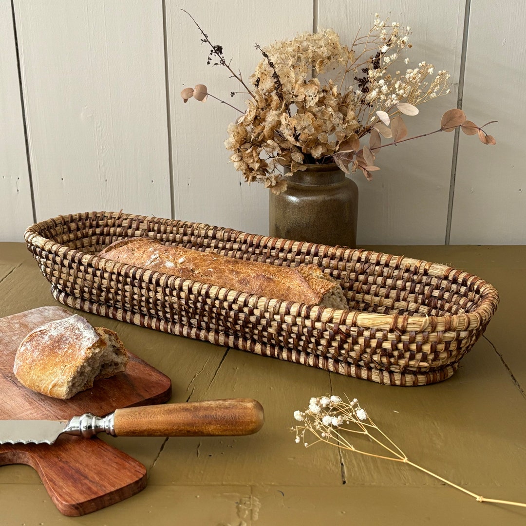 Vintage Bread Basket in Rye Straw and Burl Wood - Etsy UK