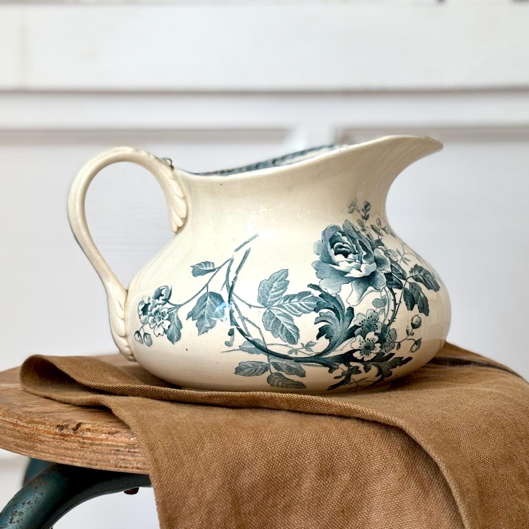 Pitcher, Antique Ironstone Jug With Magnificent Decoration of Blue ...