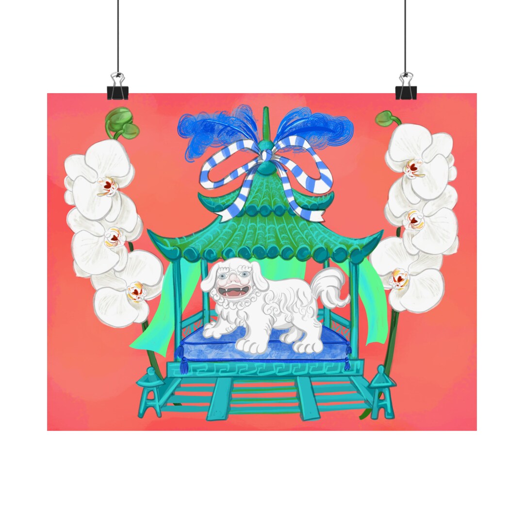 A White Chinese Fu Dog in Pagoda Chinoiserie Style Original Artwork ...