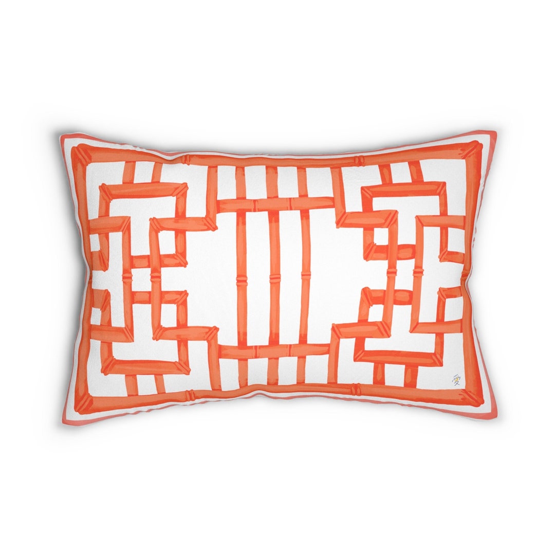 Lumbar Pillow-coral Bamboo Trellis Frame Chinoiserie Spun Polyester ...