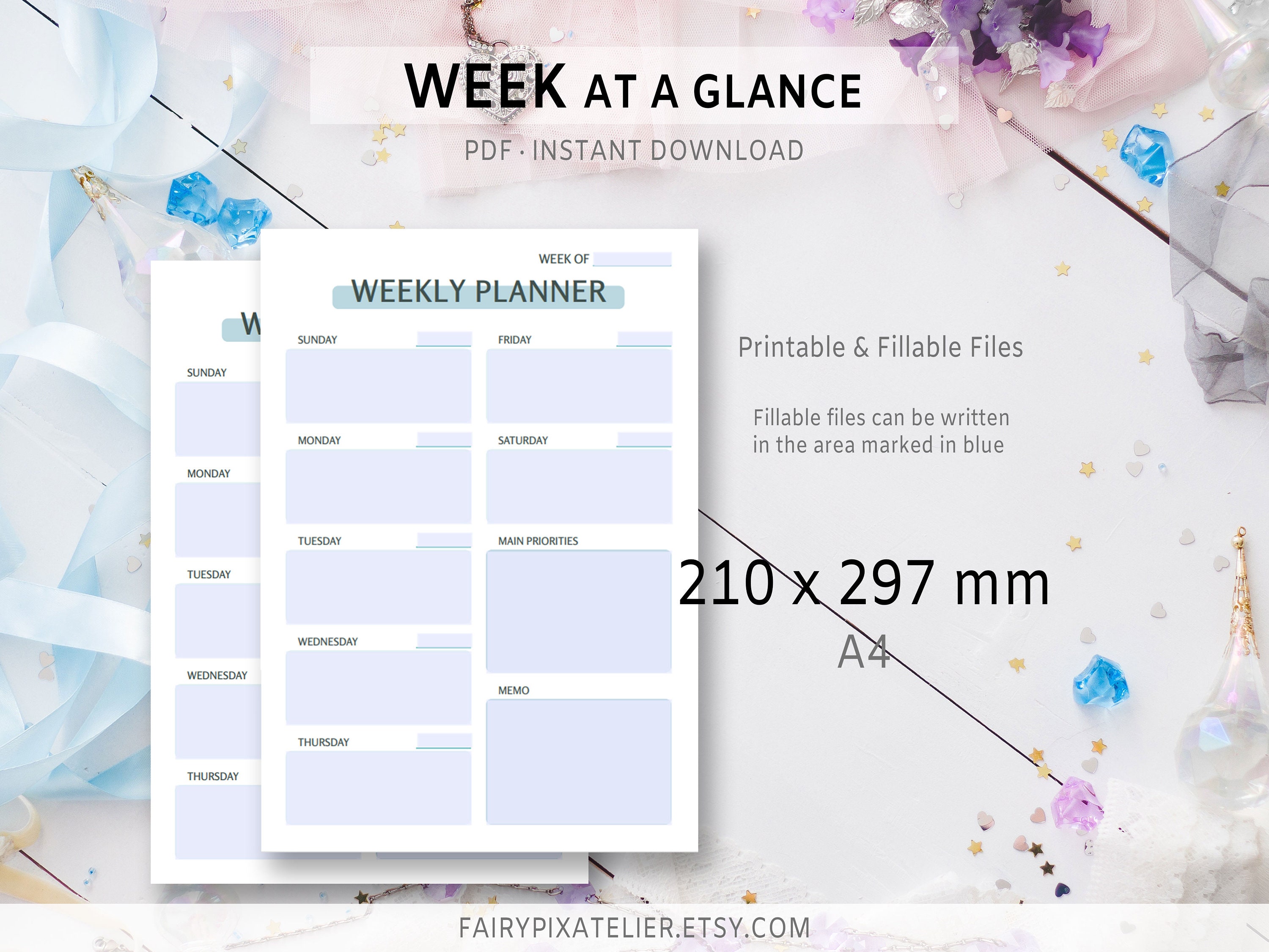 A4 Weekly Planner at a Glance One-page Diary Simple and Cute Editable ...