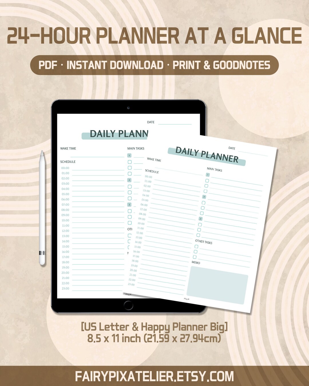 Daily 24 Hour Time Tracking US Letter Planner Printable Visual Diary ...